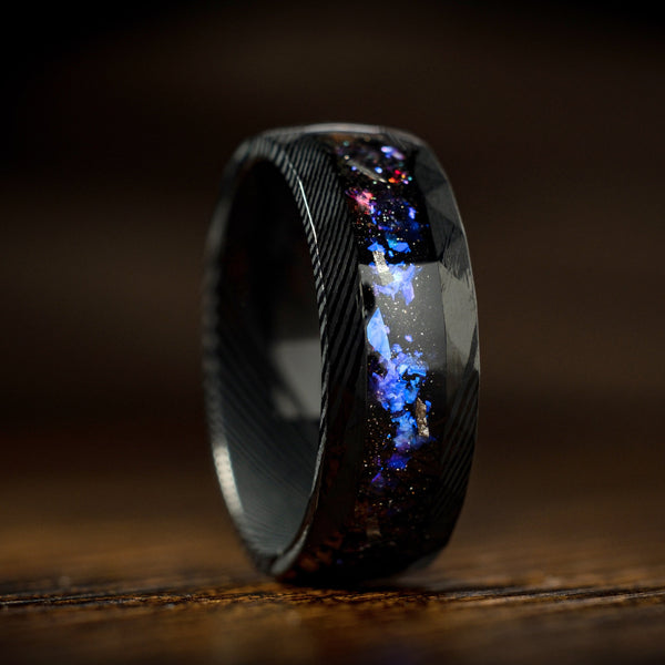 Nebula Wide | Damascus Meteorite & Blue Sandstone Ring - Rings By Krama
